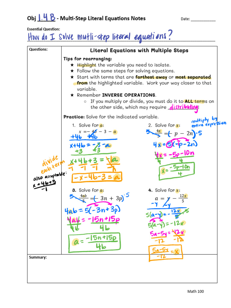 1.4 B - Multi-Step Literal Equations N Key | PDF