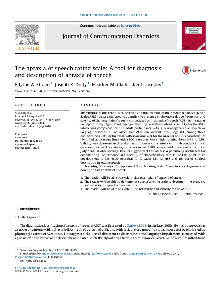 Apraxia of Speech Rating Scales 230228 135556 | PDF | Aphasia | Speech