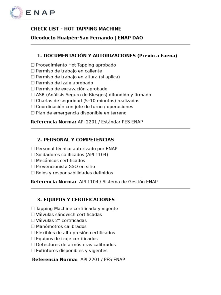 Checklist para Hot Tapping en Oleoductos | PDF | Ingeniería mecánica ...