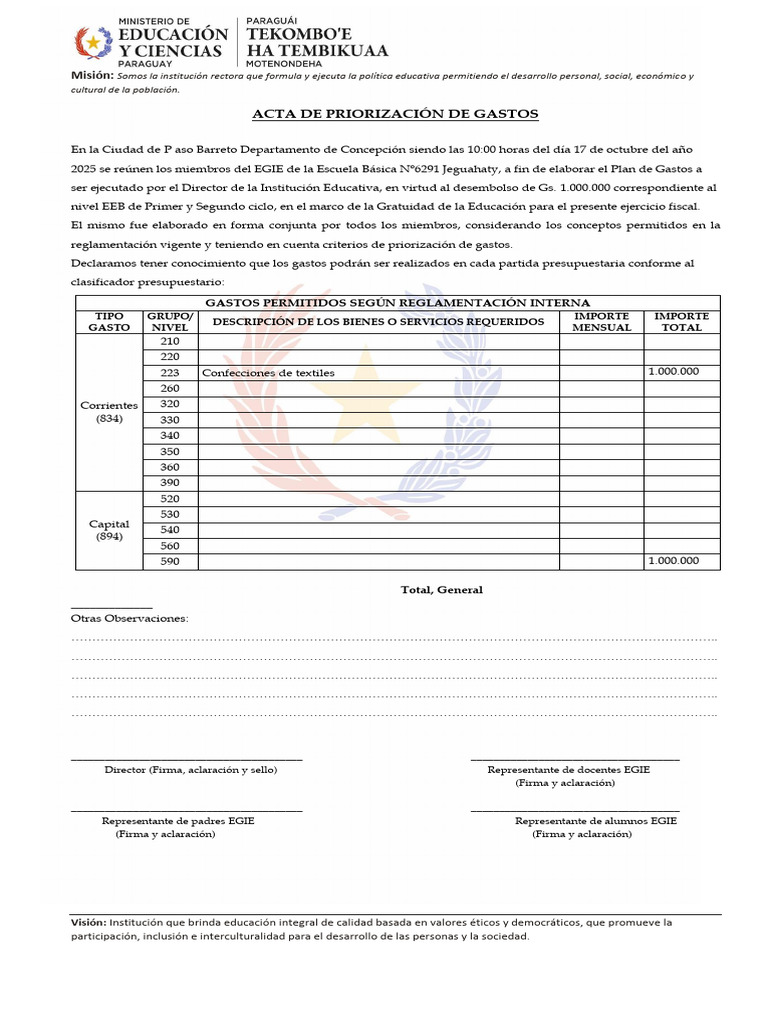 ACTA DE PRIORIZACION DE GASTOS EEB Primer y segundo ciclo[1] | PDF