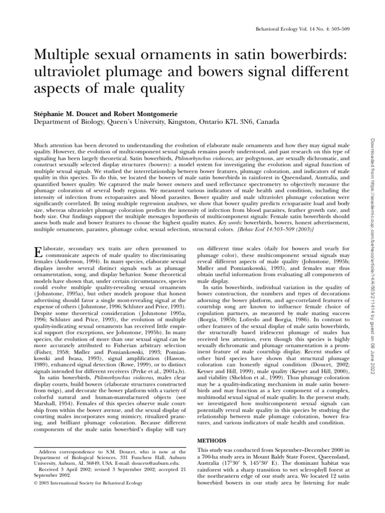 Doucet and Montgomerie 2003 - Multiple Sexual Ornaments in Satin ...