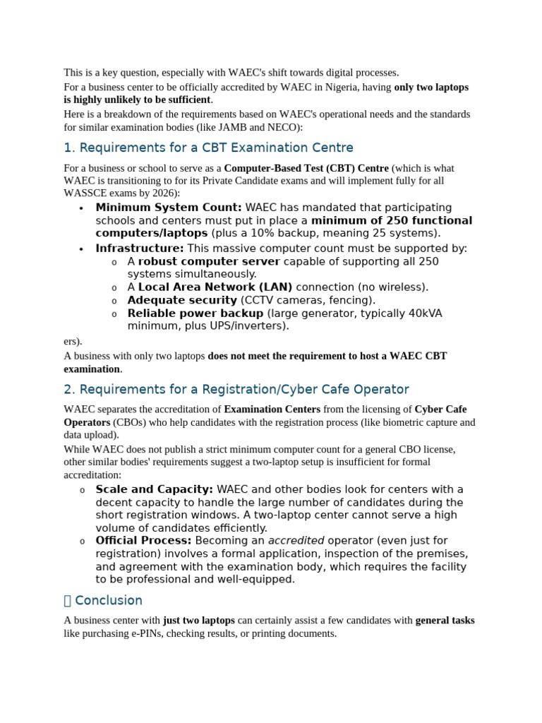 WAEC CBT Center Accreditation Requirements | PDF | Biometrics | Fee