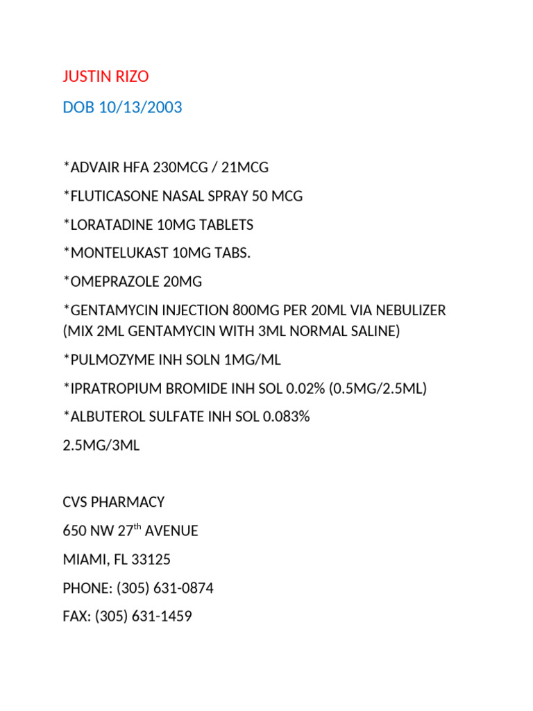 Justin Rizo Medicines | PDF
