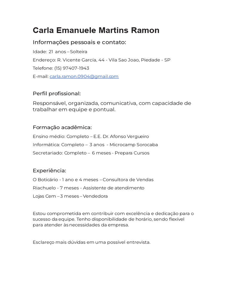 Currículo de Carla Ramon - Vendas e Atendimento | PDF