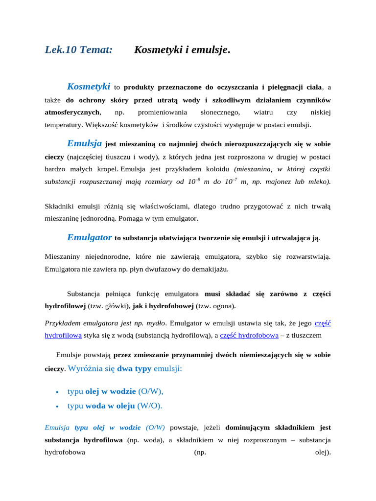 Chemia Kl. 4 Lek. 10 Kosmetyki I Emulsja. | PDF