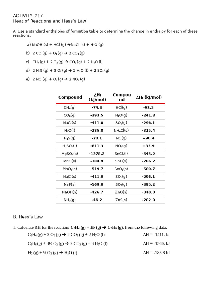 Heat of Reactions and Hess's Law Calculations | PDF | Thermodynamics ...