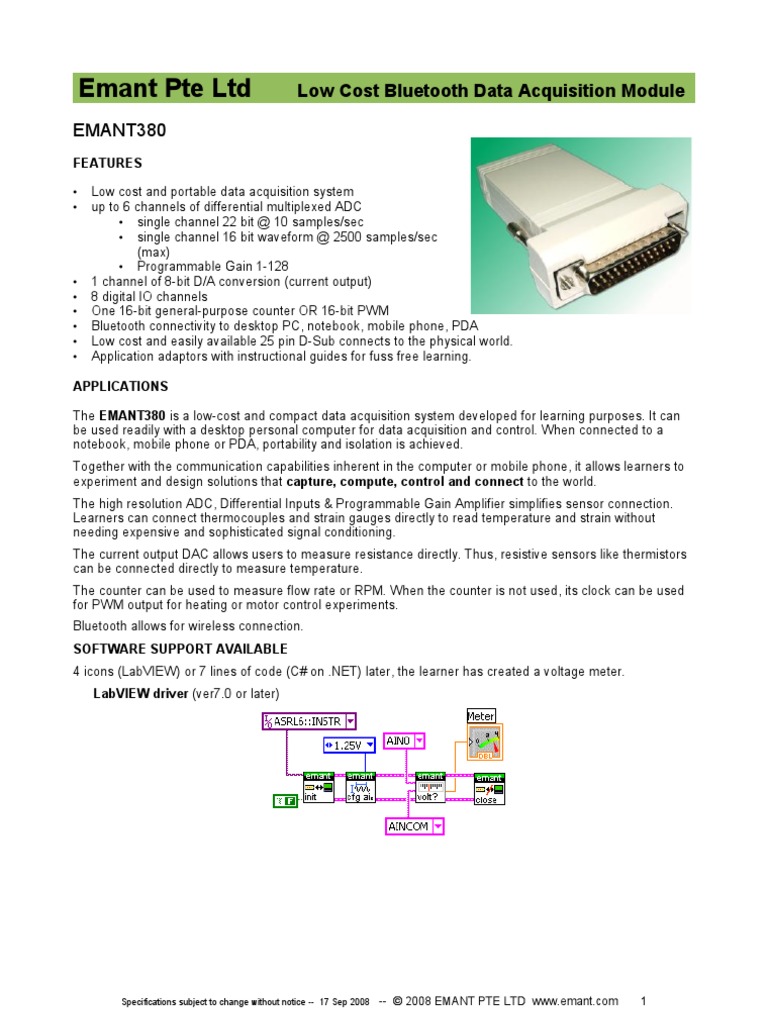 EMANT380 Spec | PDF | Data Acquisition | Analog To Digital Converter