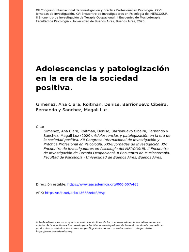 Gimenez, Ana Clara, Roitman, Denise, (...) (2020). Adolescencias y ...