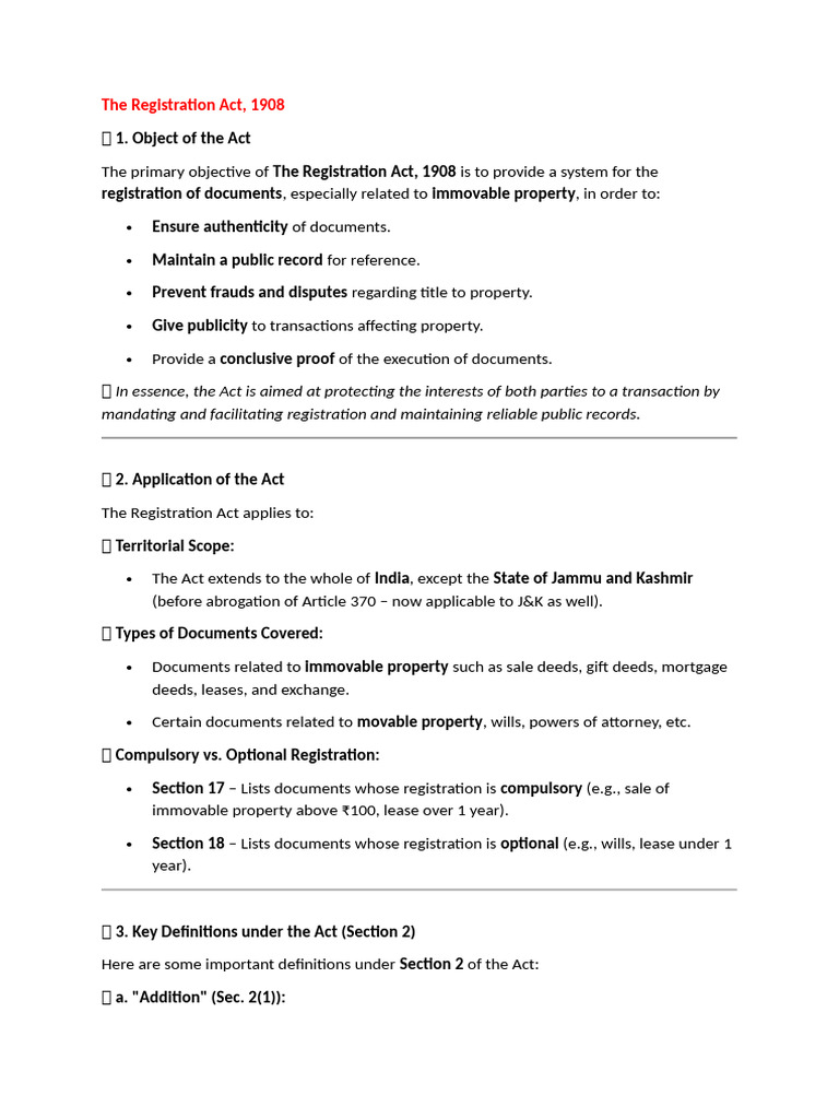 Overview of the Registration Act, 1908 | PDF | Will And Testament | Deed