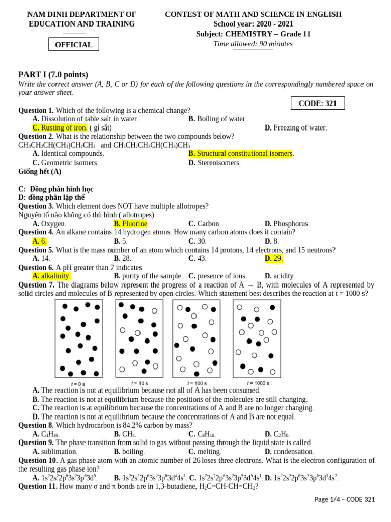 Grade 11 Chemistry Contest Questions | PDF | Chemical Bond | Solubility