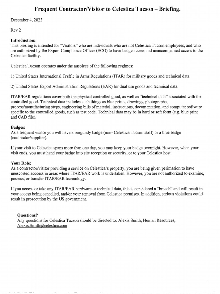 Contractor-Vendor Tucson Briefing, NDA Agreement and ITAR Quiz | PDF