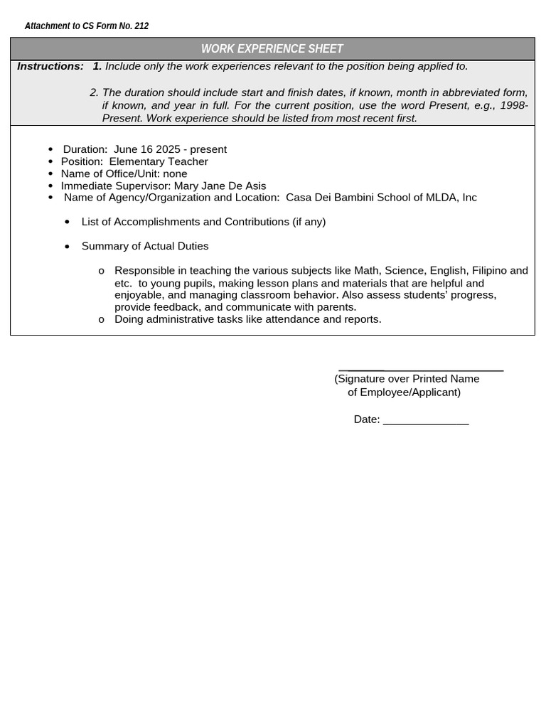 ANNEX H-2 - CS Form No. 212 Attachment - Work Experience Sheet_044243 | PDF