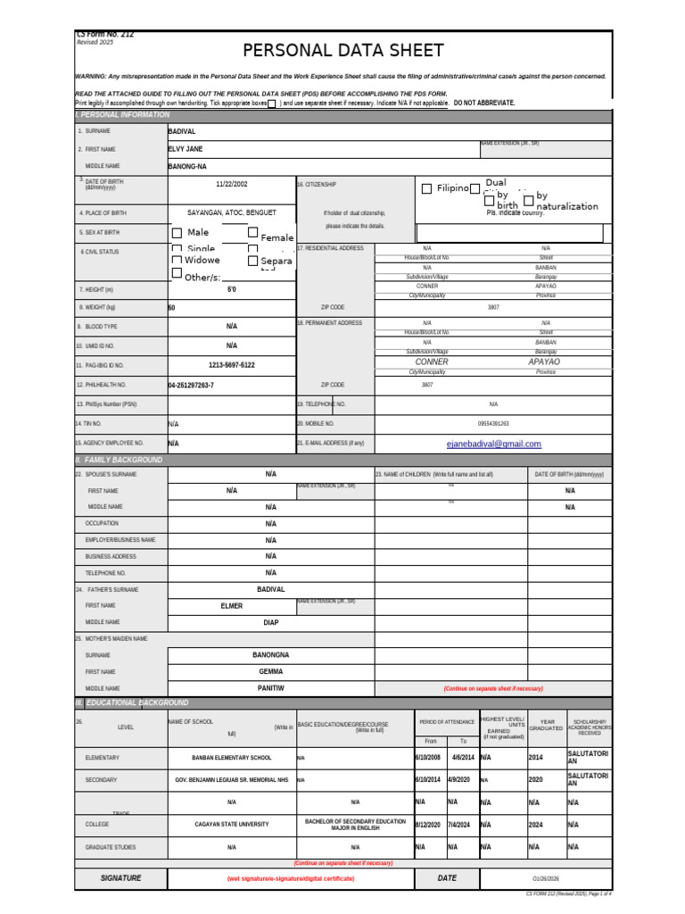 ANNEX H-1 - CS Form No. 212 Revised 2025 - Personal Data Sheet_044238 | PDF | Government | Justice