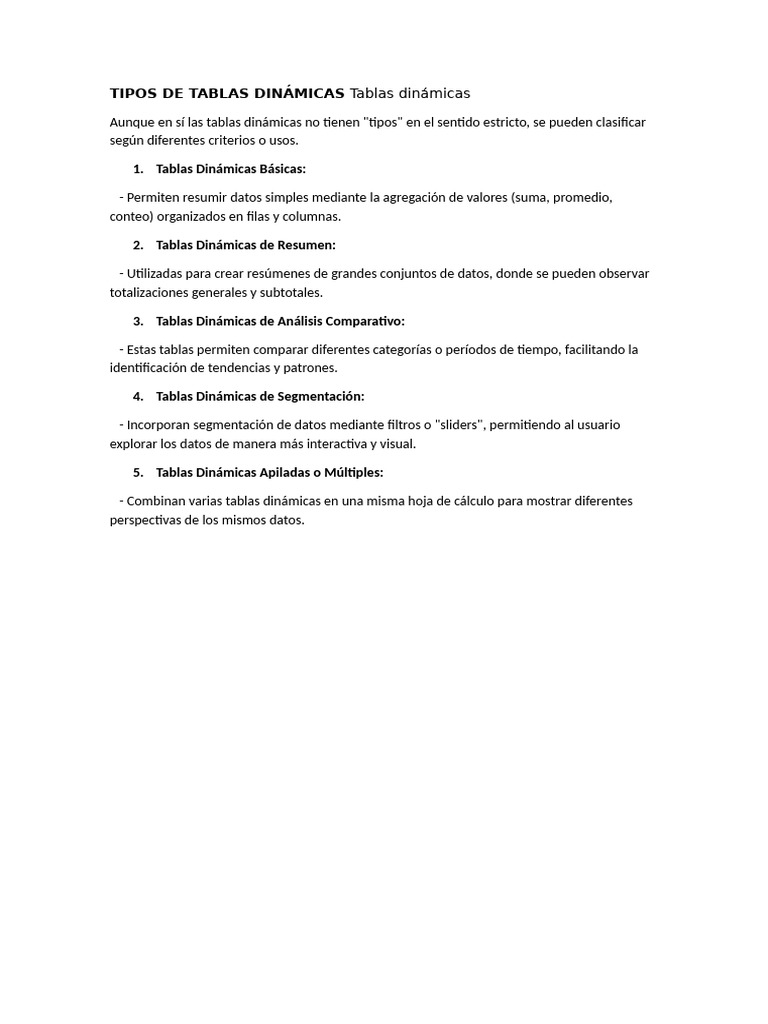Tipos de Tablas Dinámicas Explicadas | PDF