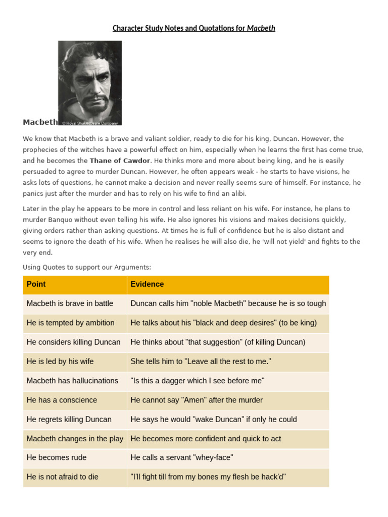 Character Study Notes and Quotations for Macbeth | PDF | Macbeth