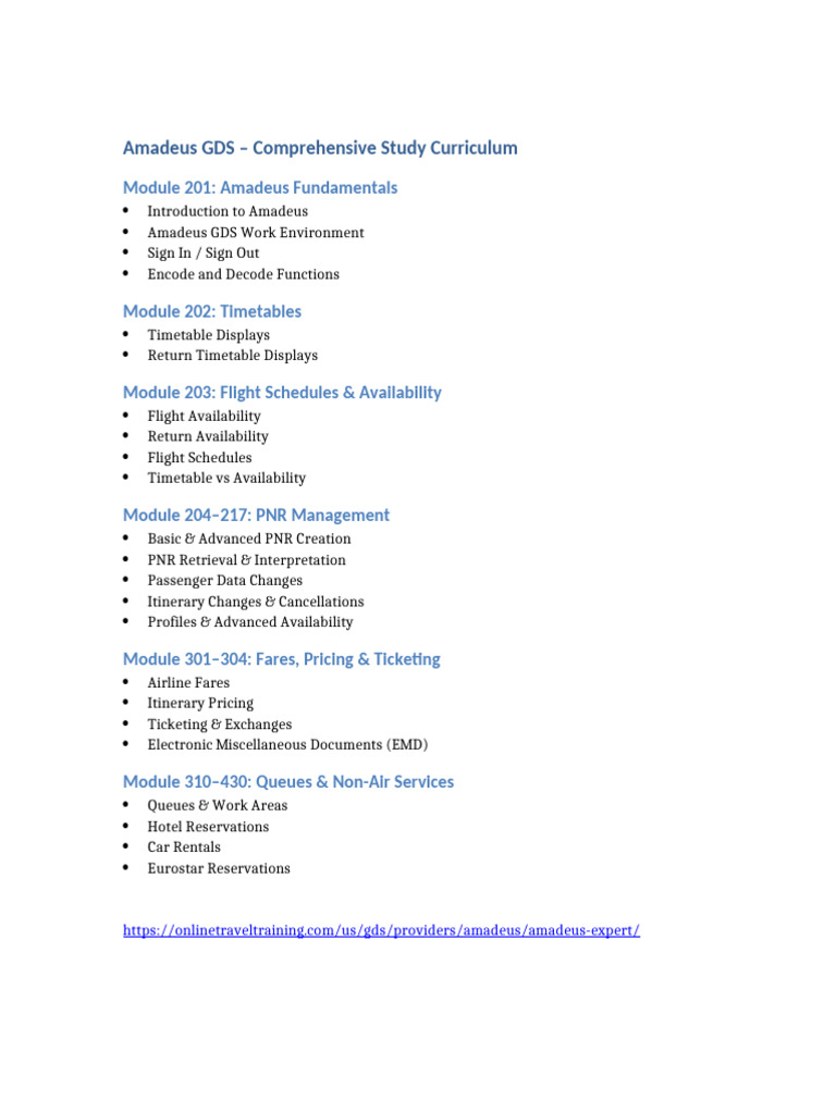 Amadeus GDS Study Curriculum Guide | PDF