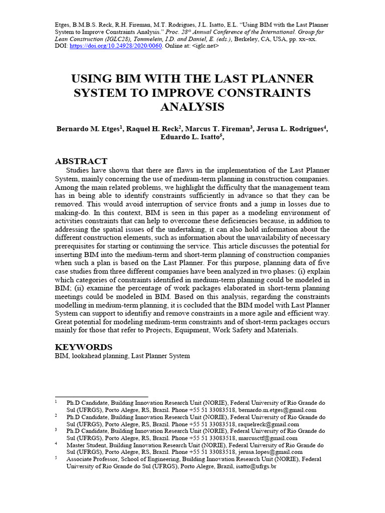 Using Bim With the Last Planner System to Improve Constraints Analysis ...