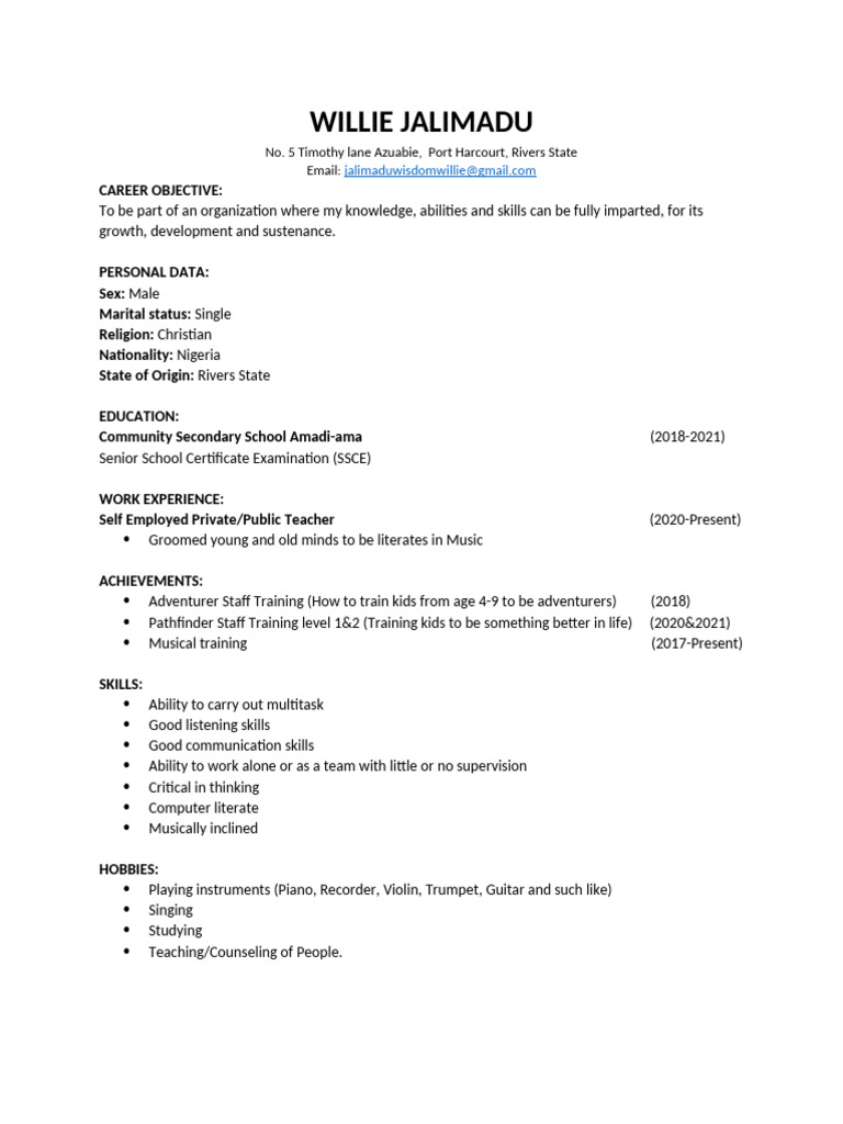 Willie Jalimadu CV | PDF