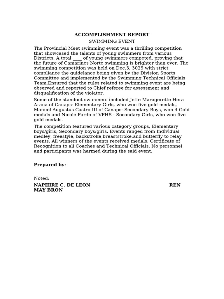 Accomplishment Report ( Swimming) | PDF