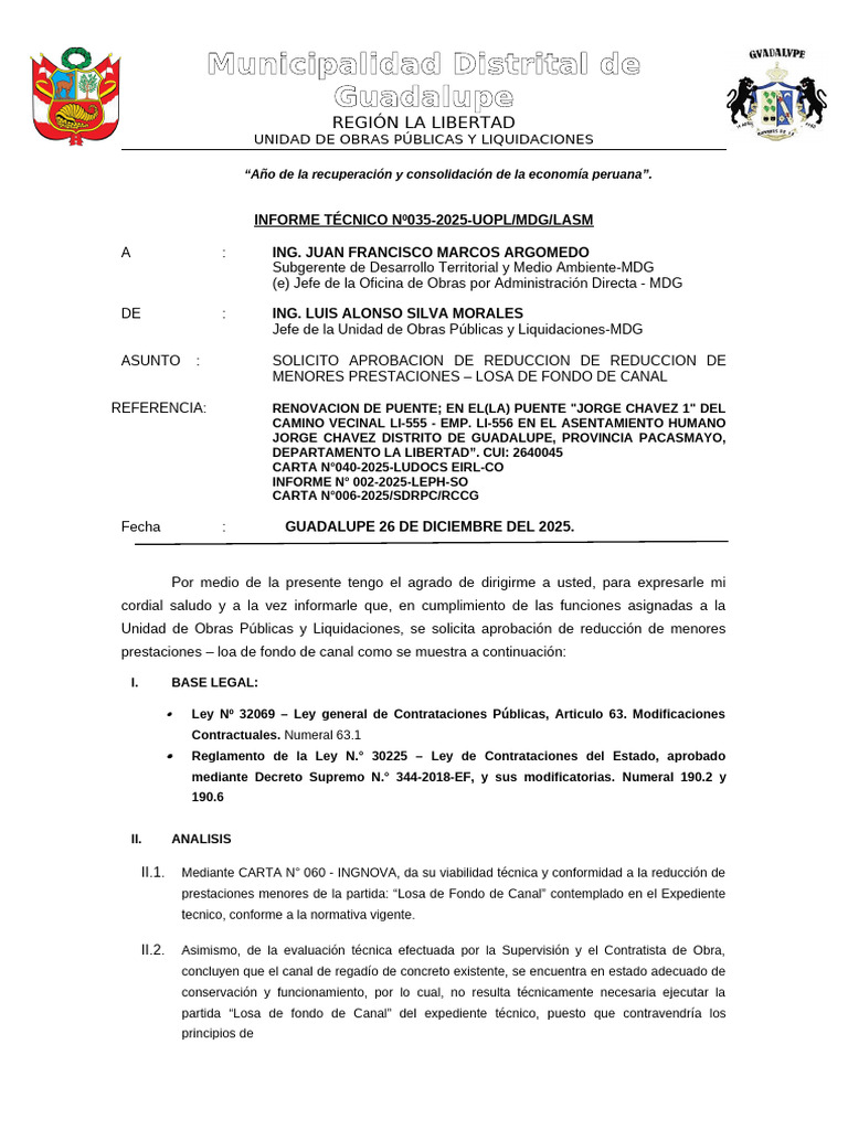 INFORME TÉCNICO Nº035-2025-UOPL-MDG-LASM-INFORME DE MENORES PRESTACIONES | PDF | Hormigón