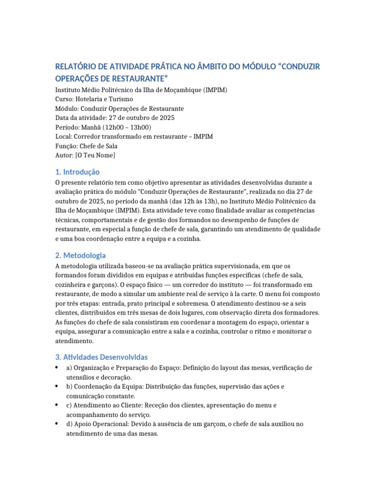 Relatório de Atividade em Restaurante IMPIM | PDF | Comunicação ...