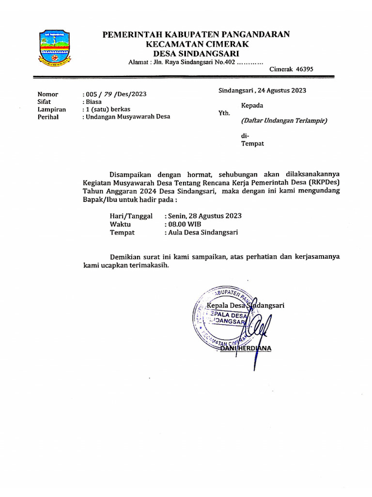 Undangan Musdes RKP Desa Sindangsari | PDF