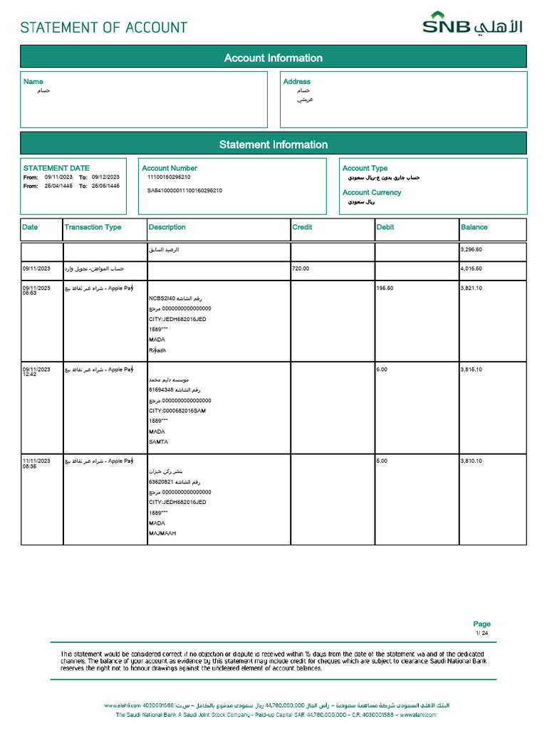 Saudi Account Statement Summary | PDF | Debits And Credits | Apple Pay