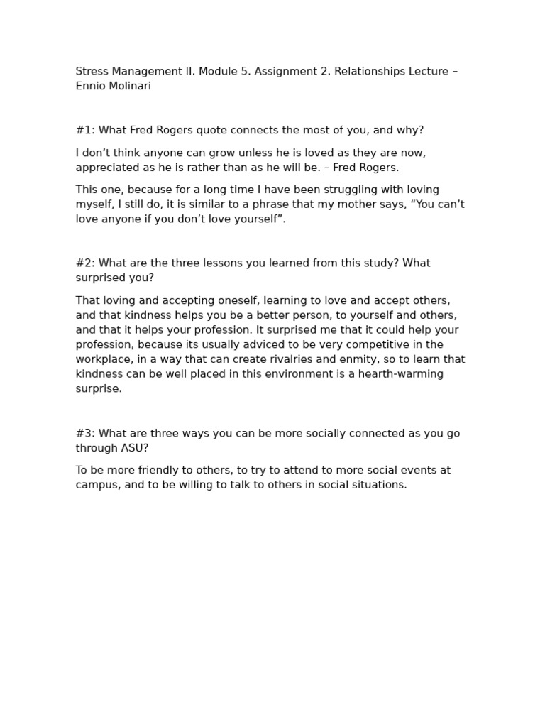 Stress Management II. Module 5. Assignment 2. Relationships Lecture ...