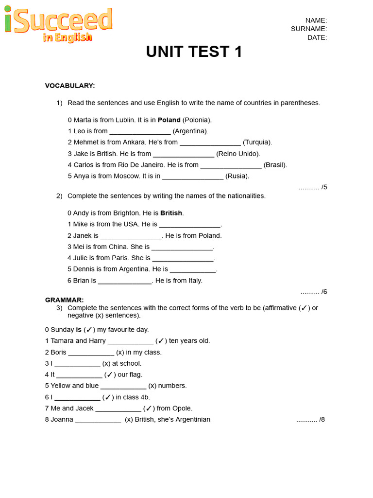 Vocabulary and Grammar Unit Test | PDF | Linguistics
