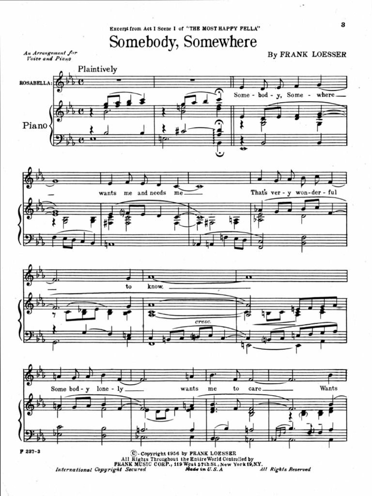 "Somebody, Somewhere" – the Most Happy Fella Sheet Music | PDF