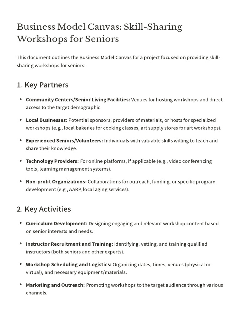 Business Model Canvas Skill-Sharing Workshops for Seniors | PDF ...