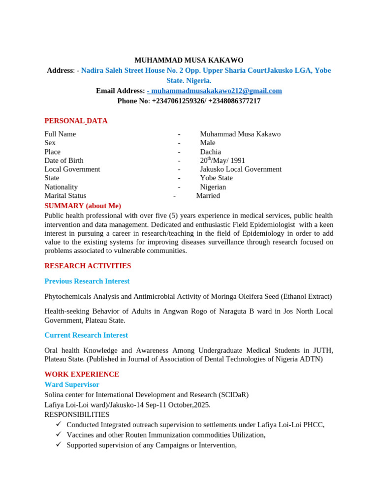 Muhammad Musa Kakawo Cv[1] | PDF | Wash | Malnutrition