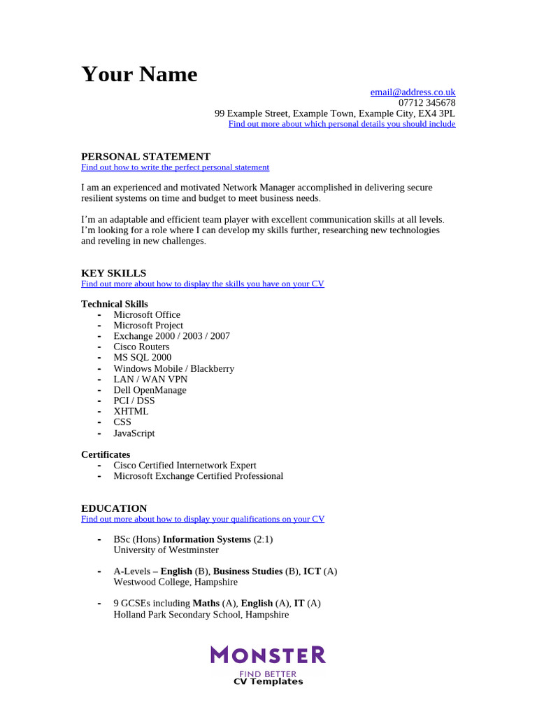 Network Manager CV Example | PDF | Computer Science | Information ...