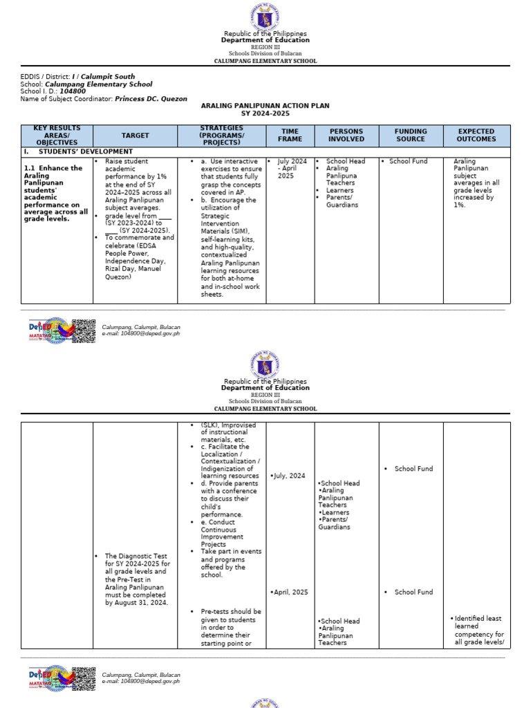 Grade-4-Araling-Panlipunan-action-plan-2024 | PDF | Teachers | Learning