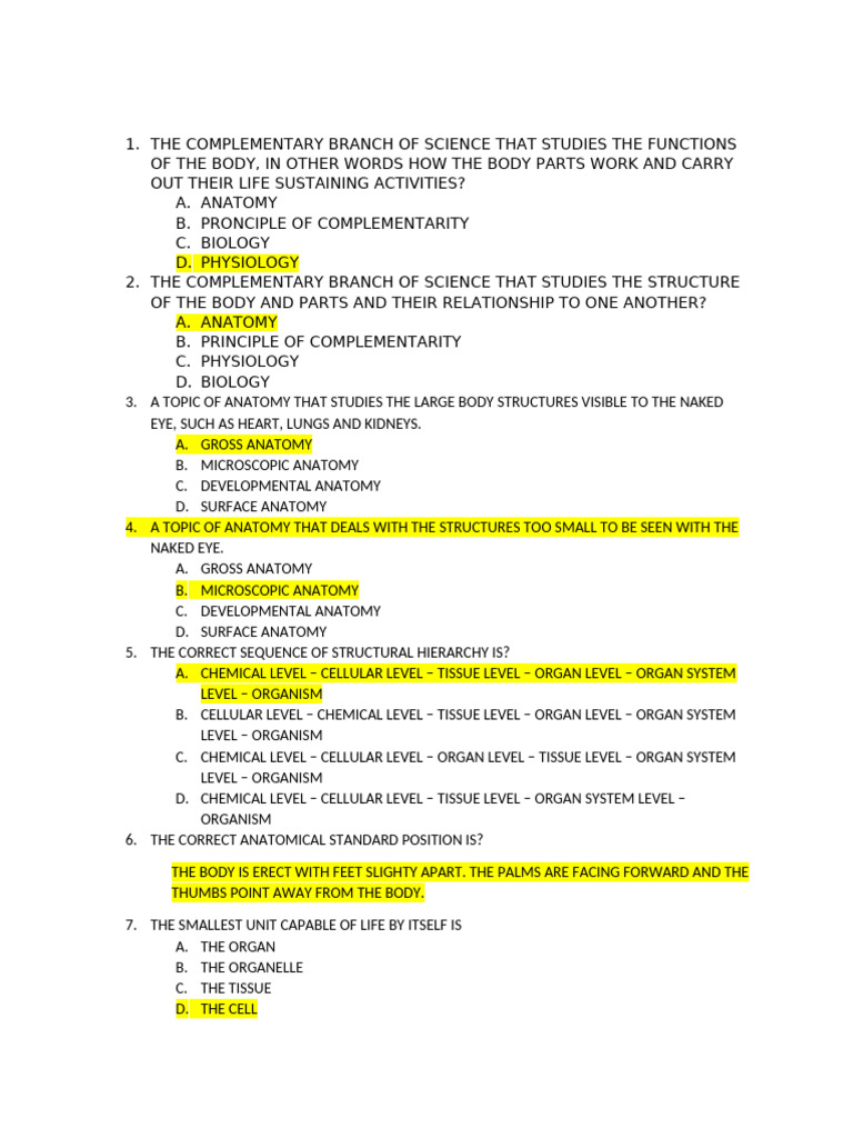 Anatomy and Physiology Quiz Questions | PDF | Cortisol | Anatomy