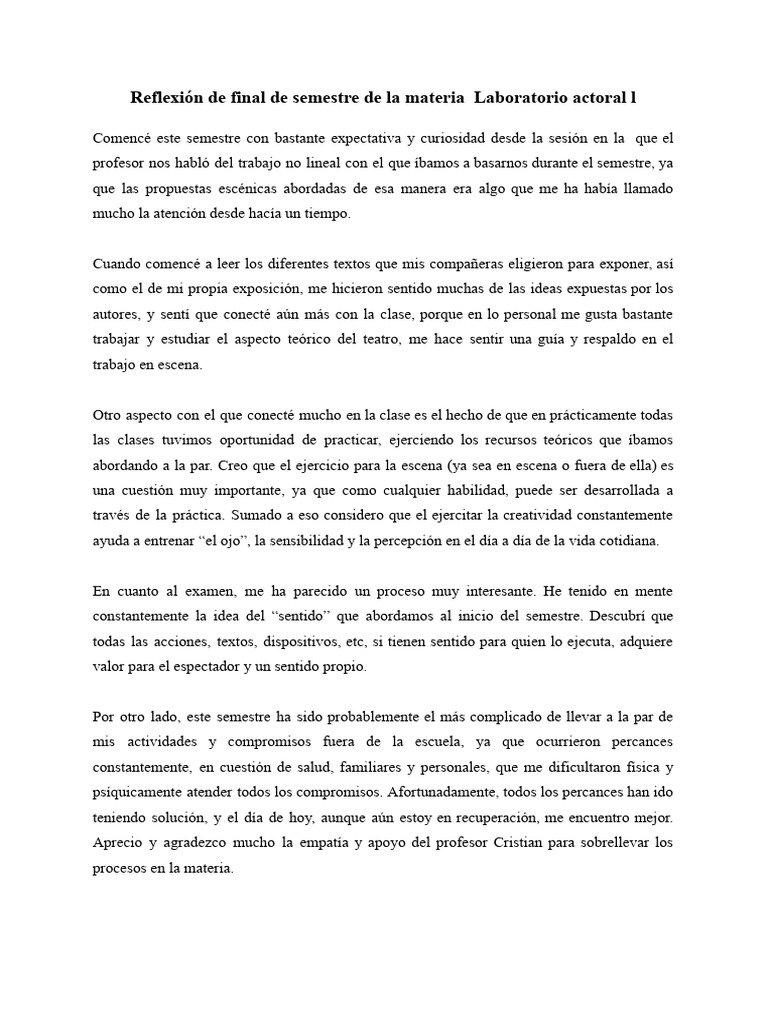 Reflexión Final. Lab. Actoral l. Julián Chavarría | PDF