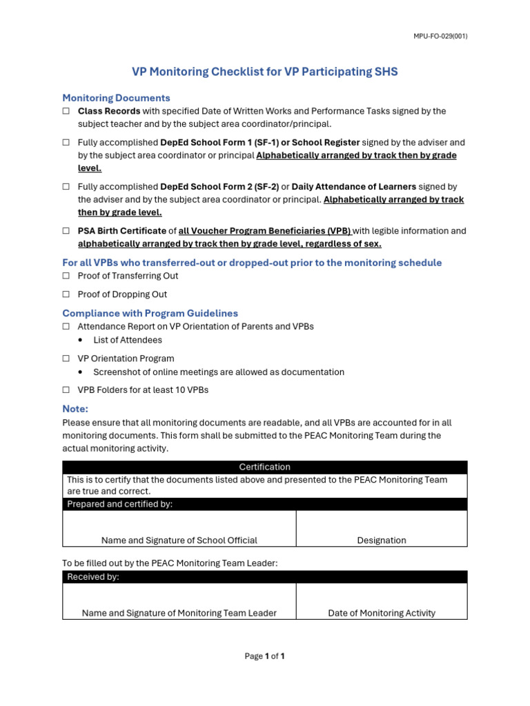 VP Monitoring Checklist for SHS Compliance | PDF