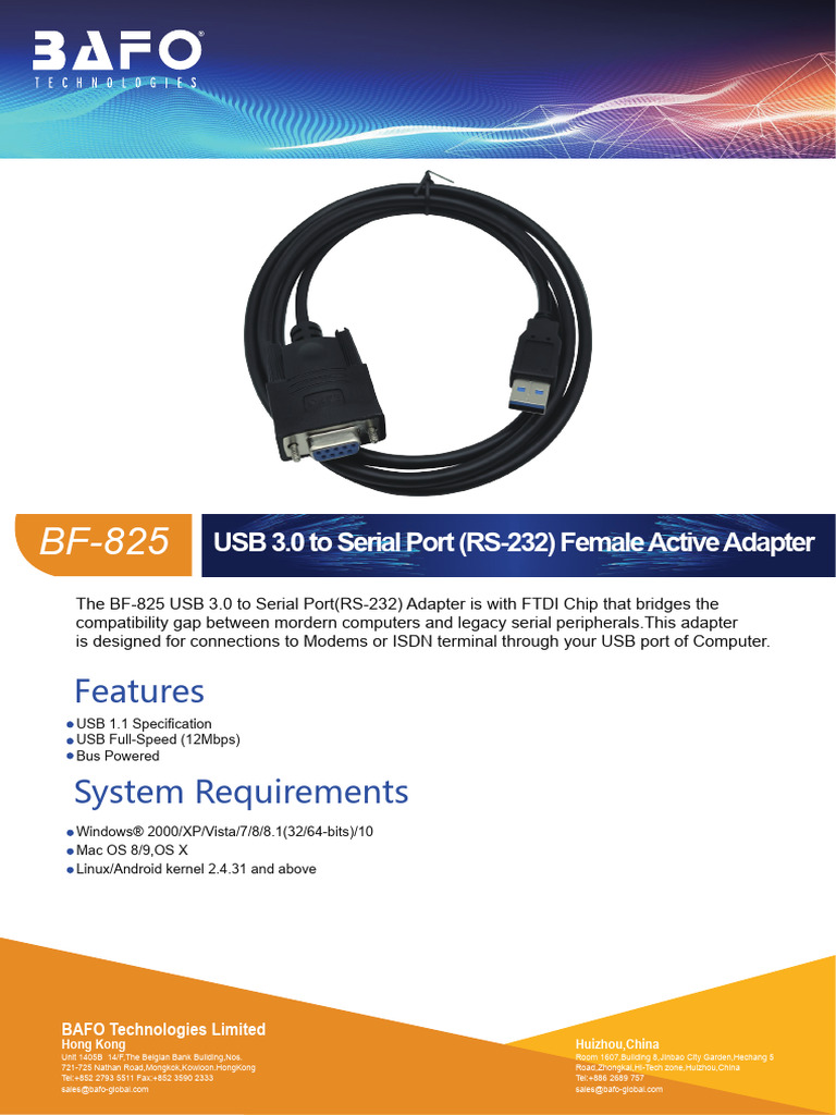 BF-825 USB to Serial Port (RS-232) Female Active Adapter | PDF