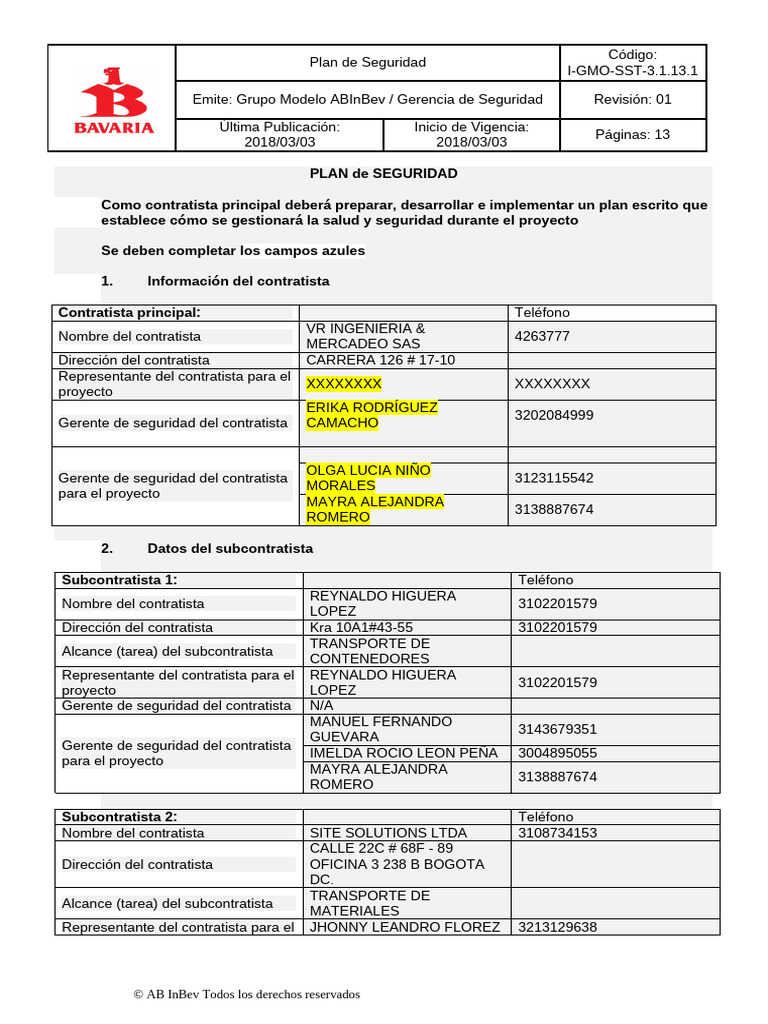 1.1. Plan de seguridad VR INGENIERIA | PDF | Máquina elevadora