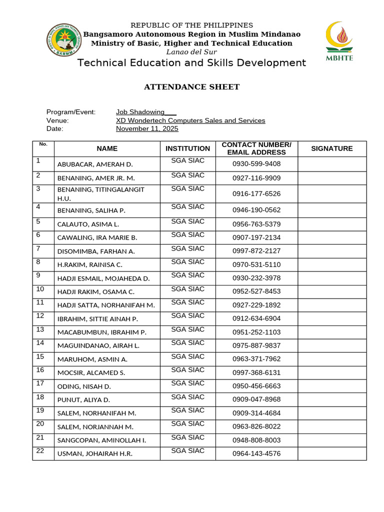 Attendance sheet for Job Shadowing | PDF