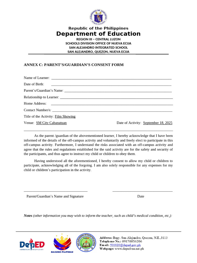 Marka Film Showing Parents Consent Form | PDF