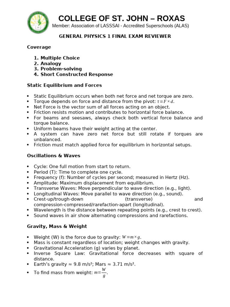 General Physics 1 Final Exam Reviewer | PDF | Force | Buoyancy