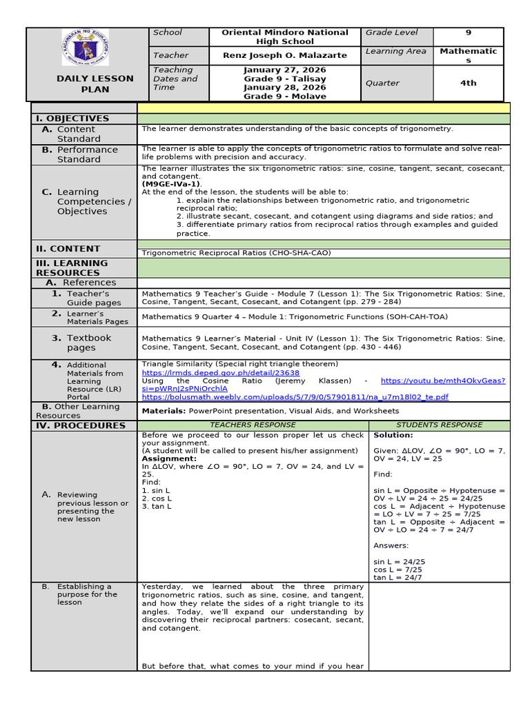 Quarter IV M 7 D2 the Learner Illustrates the Six Trigonometric Ratios ...