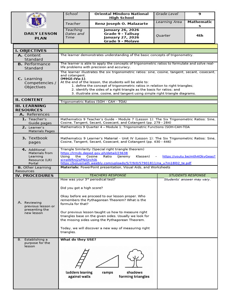 Quarter IV M 7 D1 The Learner Illustrates The Six Trigonometric Ratios ...