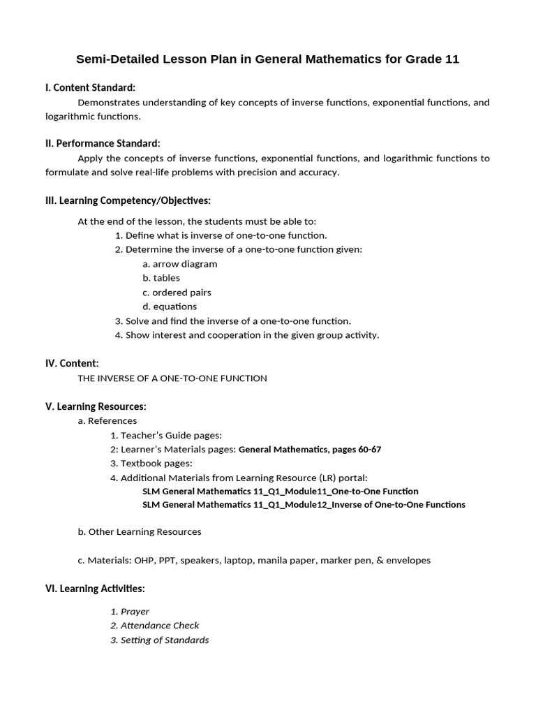 Semi-Detailed Lesson Plan in Math 11 | PDF | Function (Mathematics) | Functions And Mappings