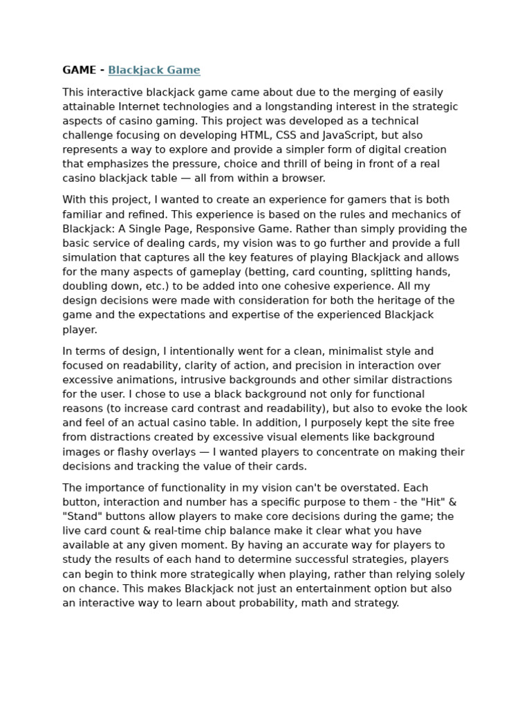 Blackjack Game Intention | PDF