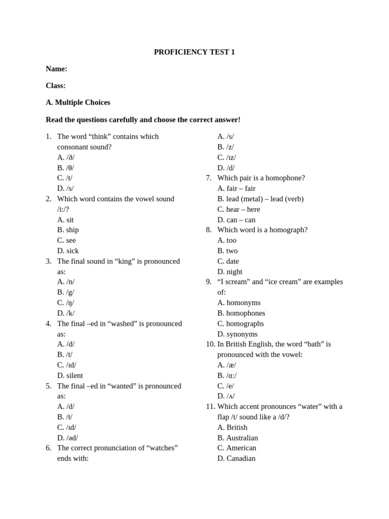 English Proficiency Test Questions | PDF | Adjective | Adverb