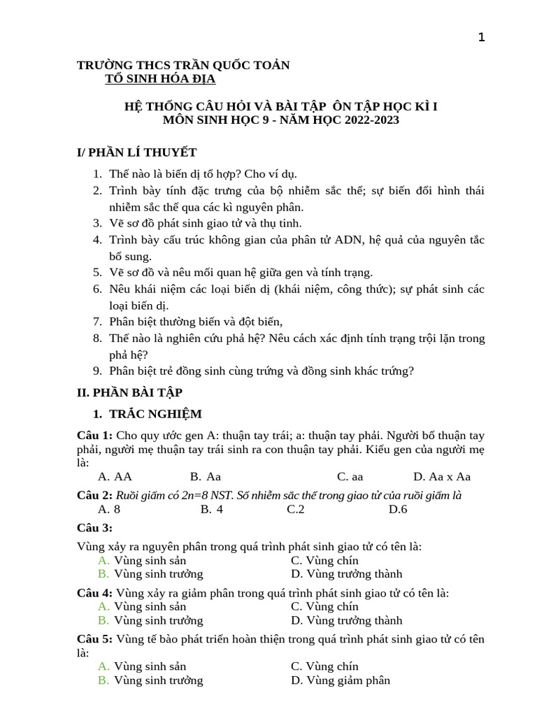 Đề Cương Ôn Tập Học Kì 1 SINH 9 Năm 2022 | PDF