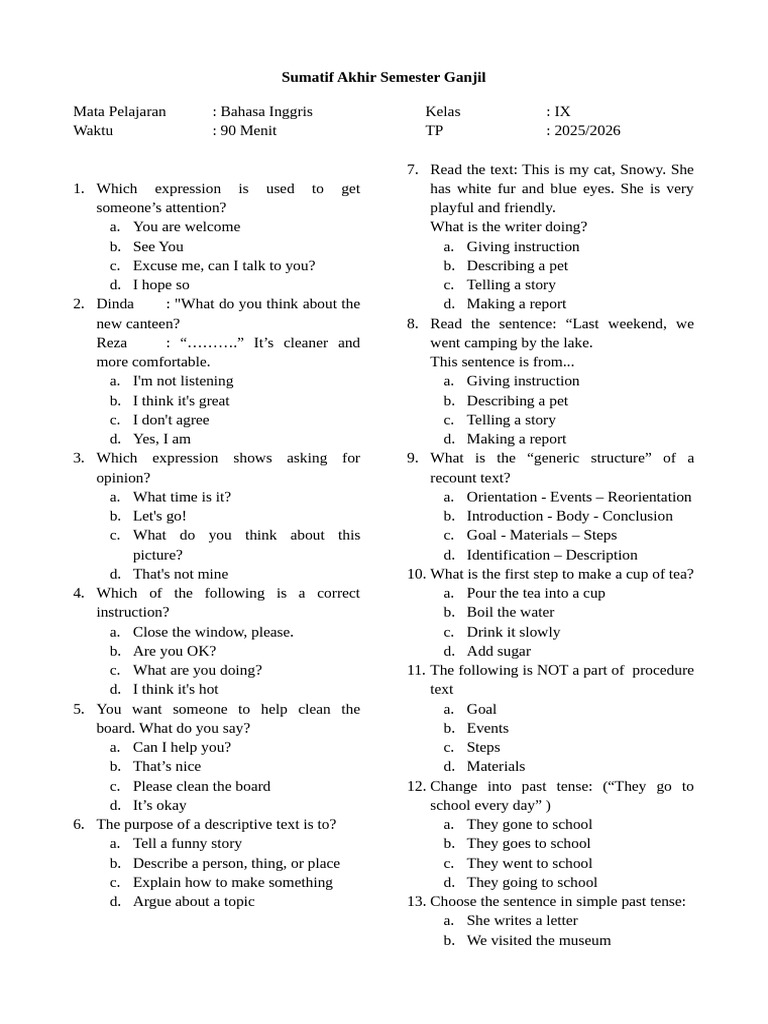 English Final Exam Grade IX 2025/2026 | PDF