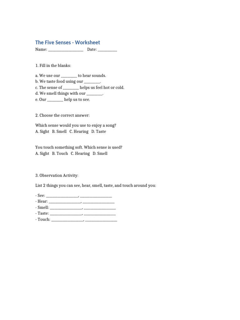 Five Senses Worksheet for Kids | PDF